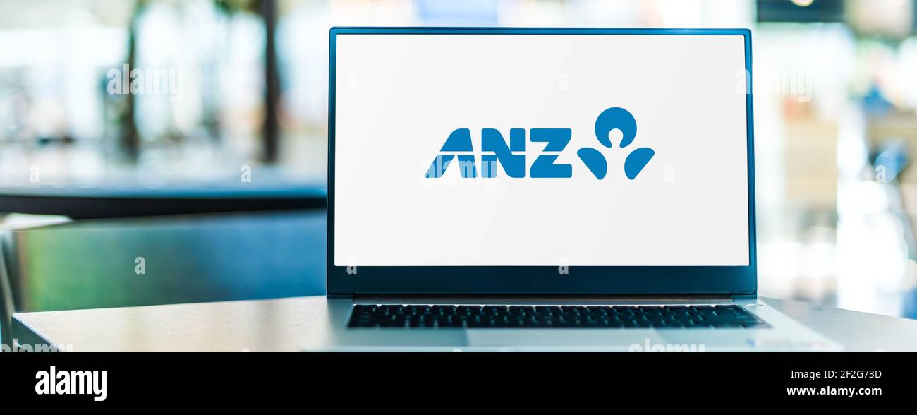 POZNAN, POL - FEB 6, 2021: Laptop computer displaying logo of ANZ, an ...