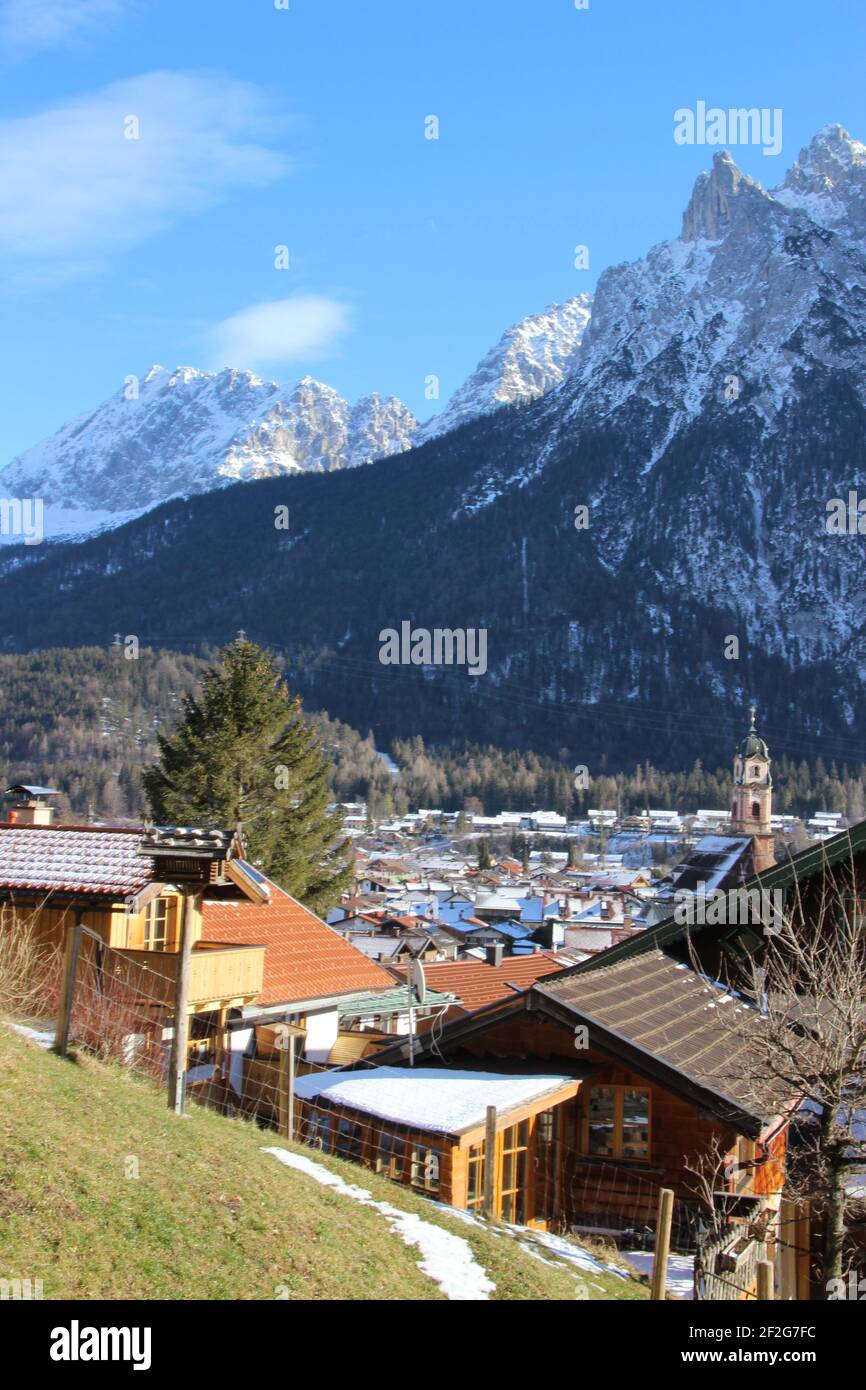 Winter walk in Mittenwald, town overview, Europe, Germany, Bavaria ...