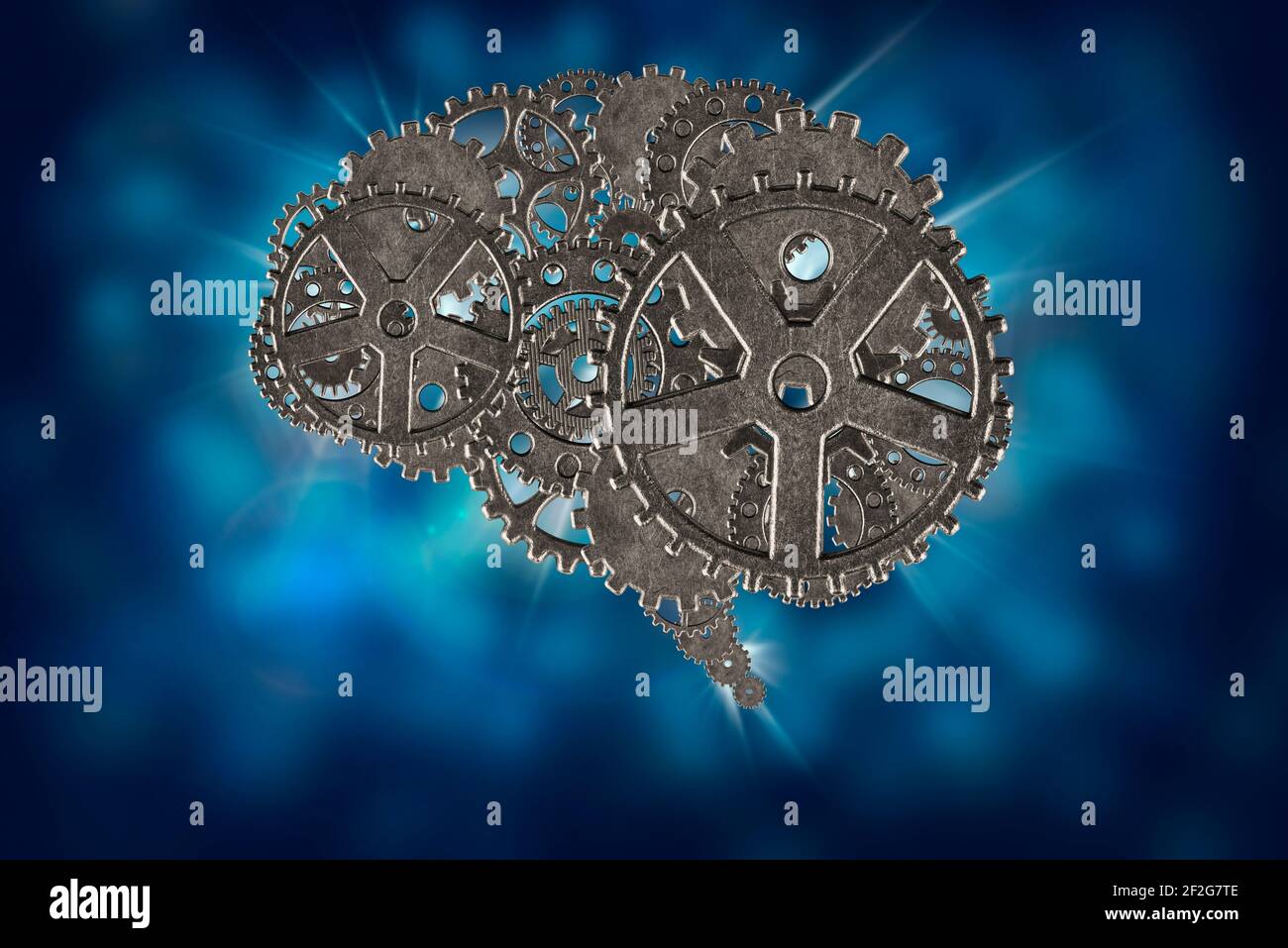 Human brain with metallic gears on shiny blue background Stock Photo ...
