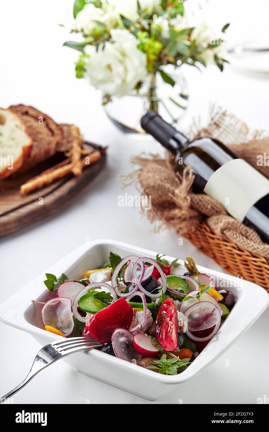 Classic Greek salad. Banquet festive dishes. Gourmet restaurant menu ...