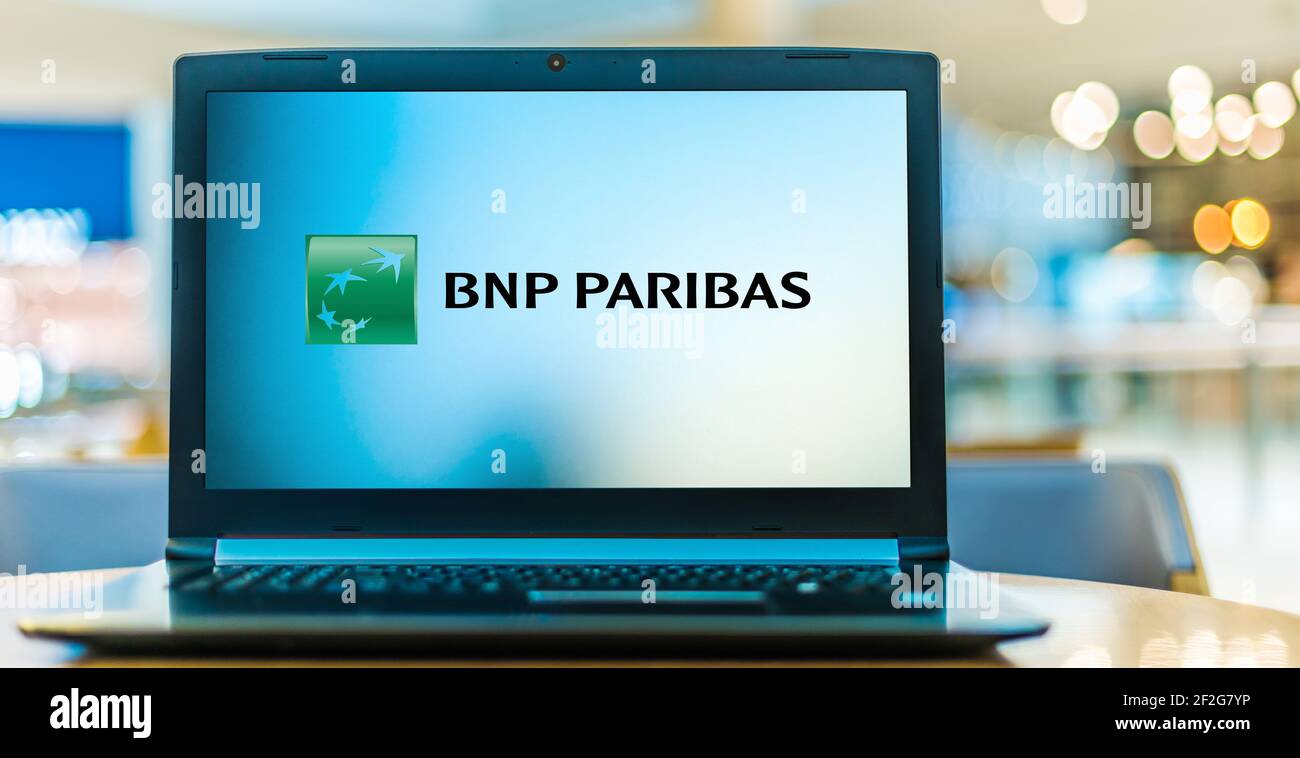 POZNAN, POL - FEB 6, 2021: Laptop computer displaying logo of BNP ...