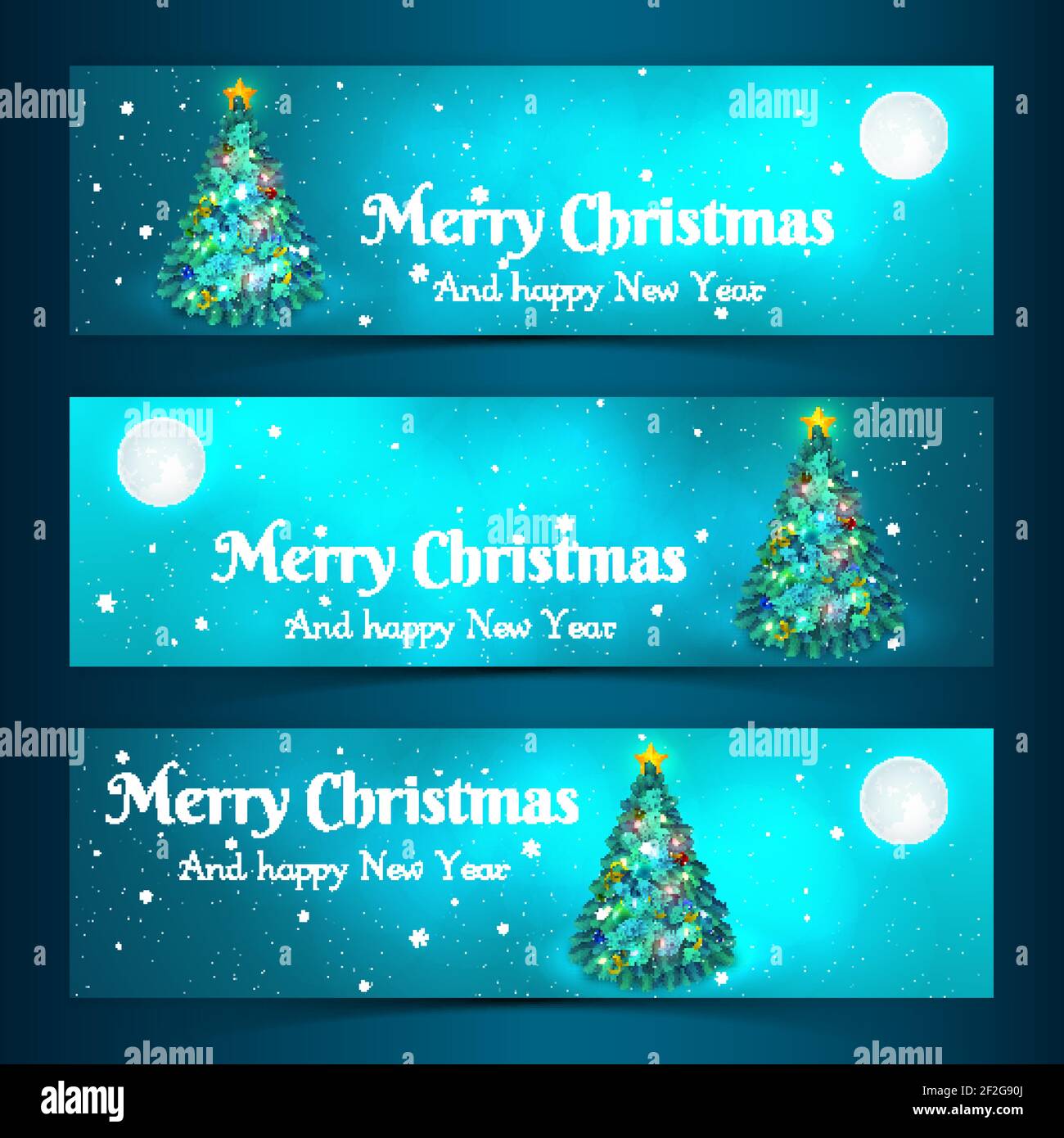 Merry christmas horizontal banners set with decorated christmas tree in ...