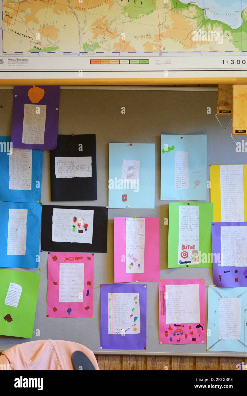 Handmade hanging drawings made by student in a classroom Stock Photo ...