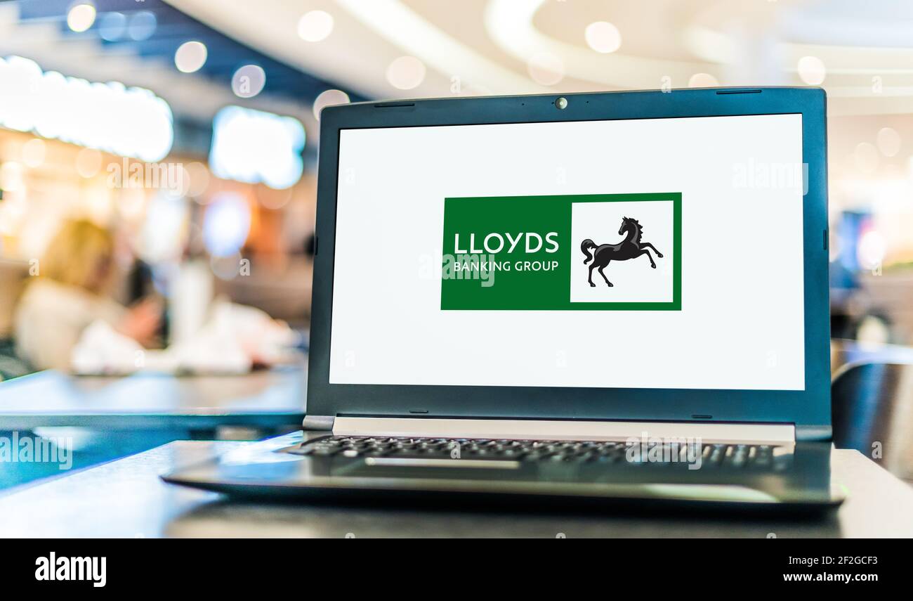 POZNAN, POL - FEB 6, 2021: Laptop computer displaying logo of Lloyds ...