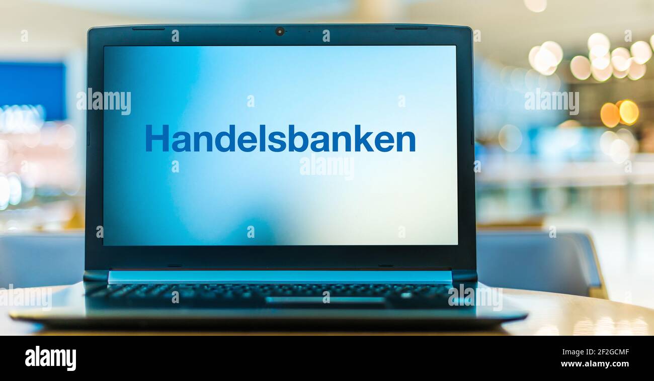 POZNAN, POL - FEB 6, 2021: Laptop computer displaying logo of Svenska ...