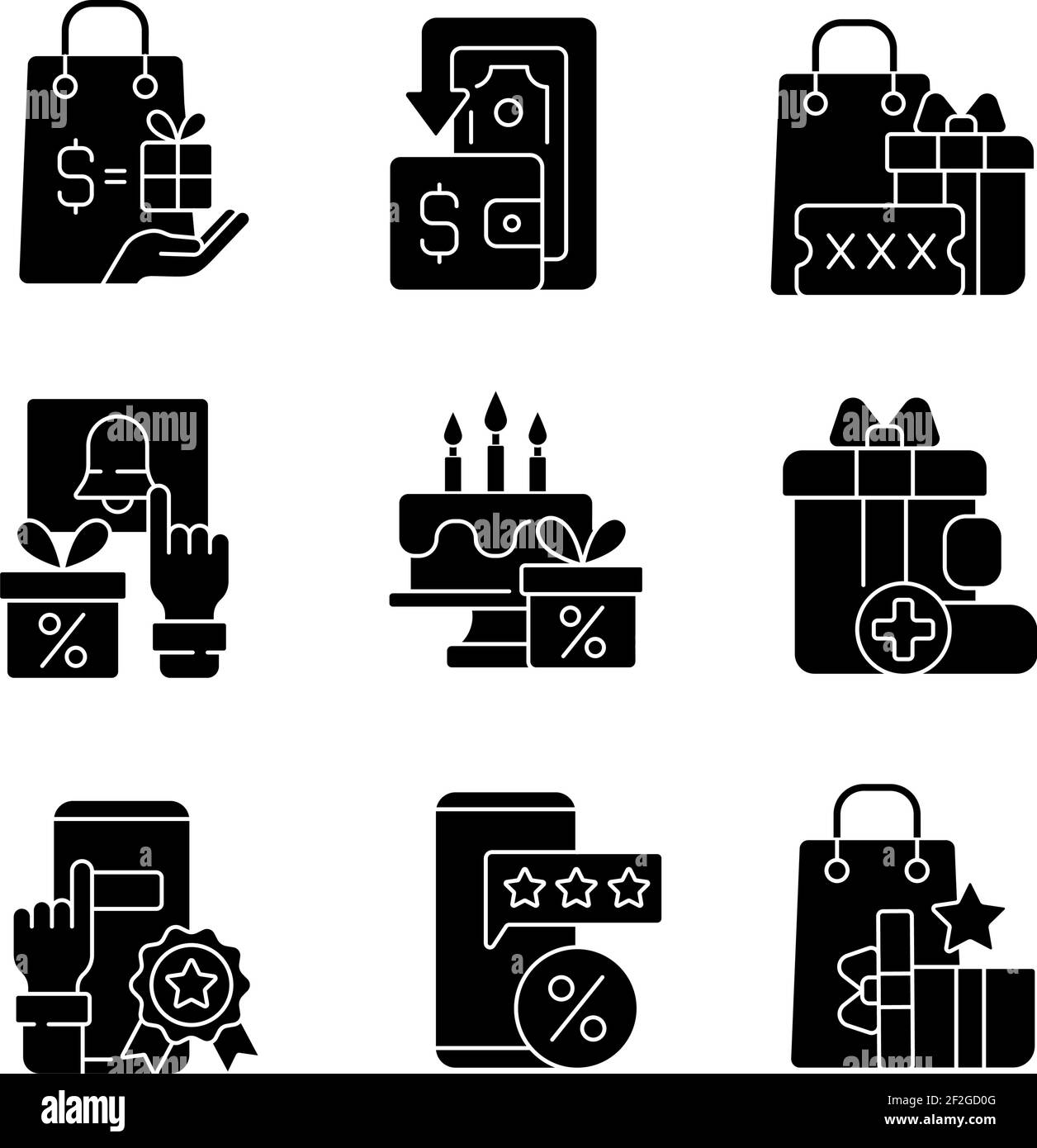 Cashback and cost reduction black glyph icons set on white space Stock ...