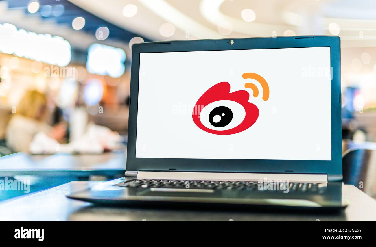 POZNAN, POL - FEB 6, 2021: Laptop computer displaying logo of Sina Weibo, a Chinese ...