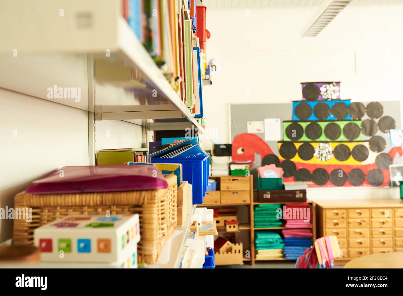 Shelf with school supplies for elementary students Stock Photo - Alamy