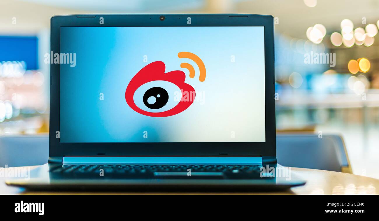 POZNAN, POL - FEB 6, 2021: Laptop computer displaying logo of Sina Weibo, a Chinese ...
