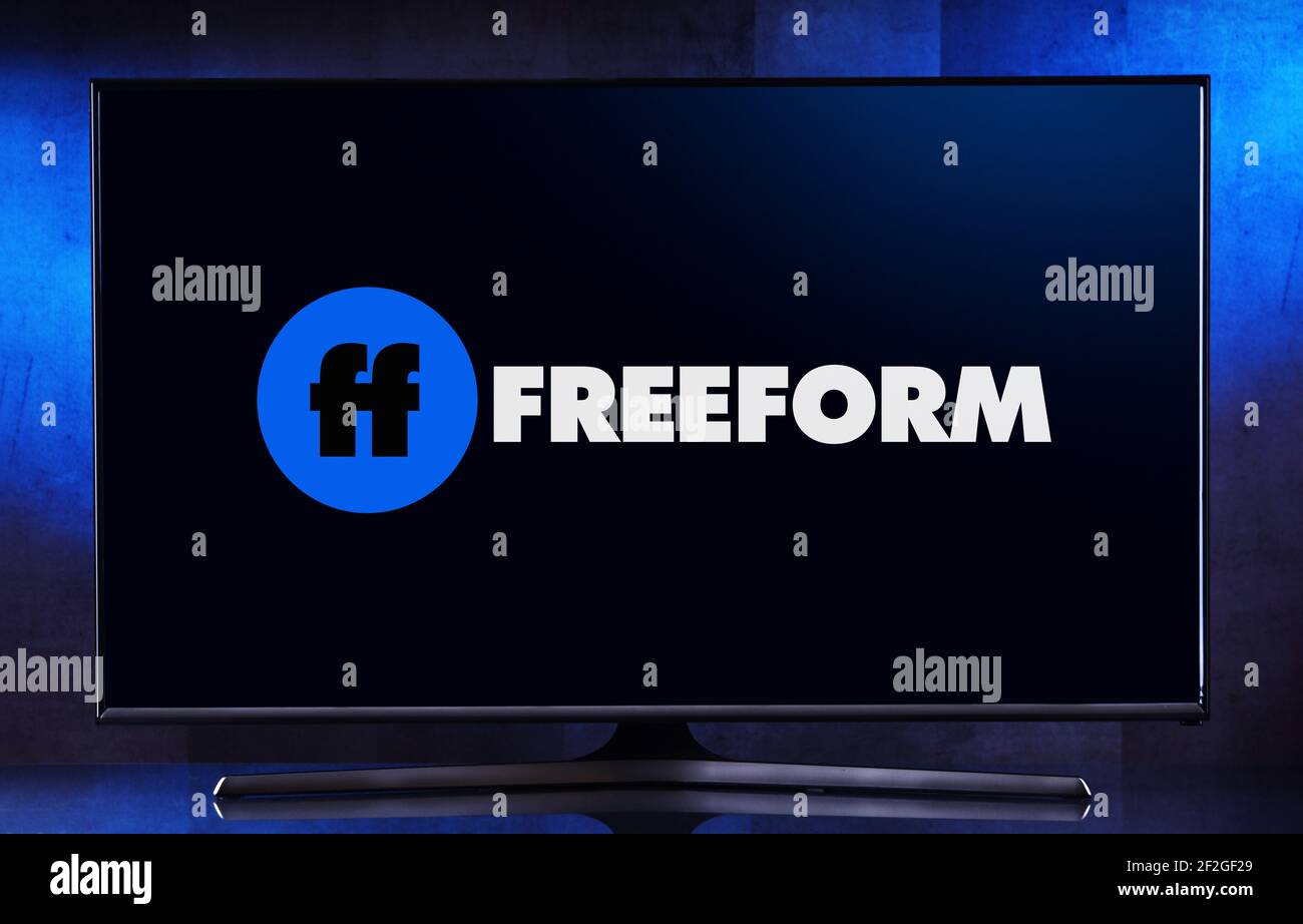 POZNAN, POL - AUG 06, 2020: Flat-screen TV set displaying logo of ...