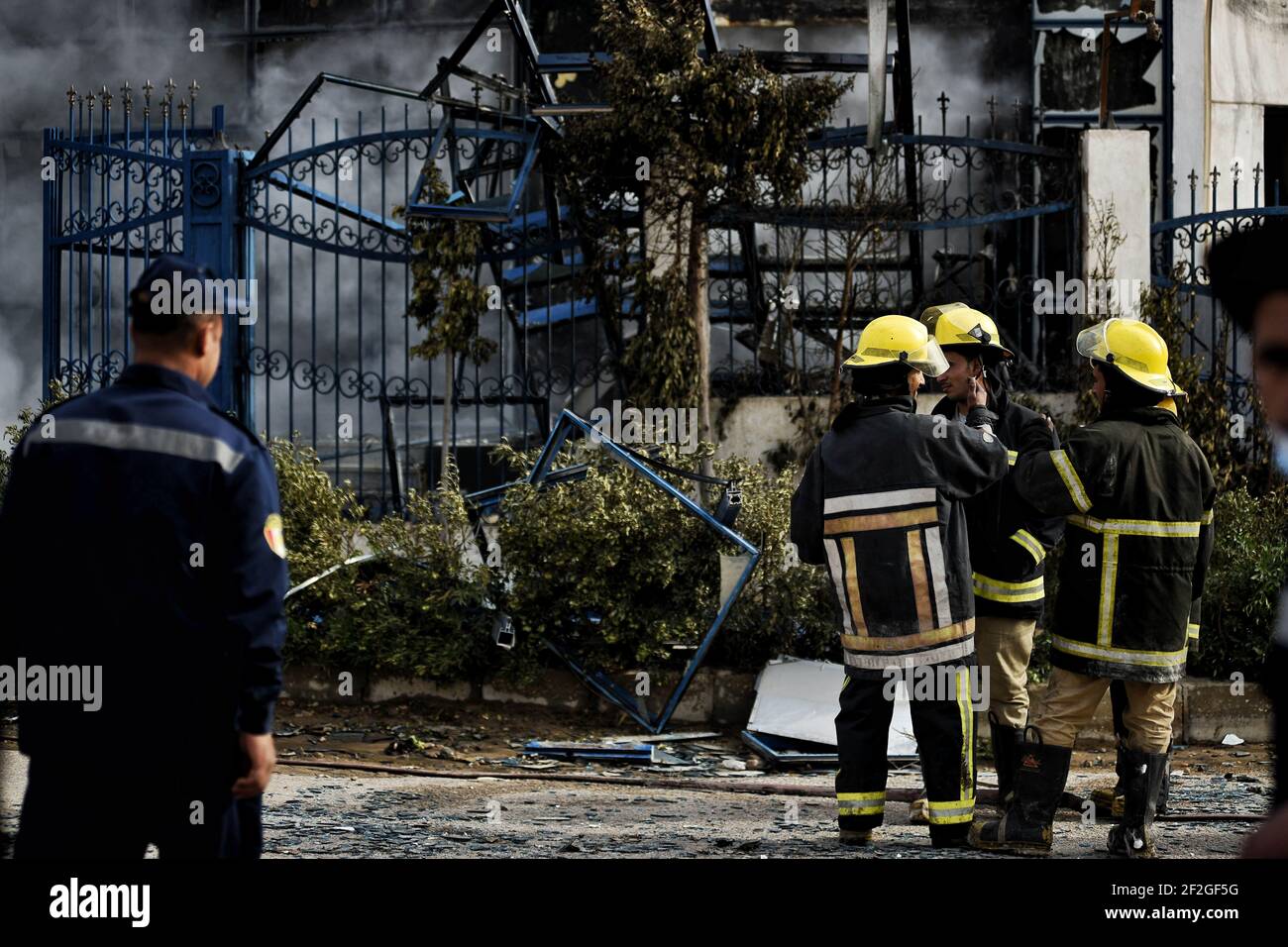 March 11, 2021: Greater Cairo, Egypt. 11 March 2021. Firefighters at ...