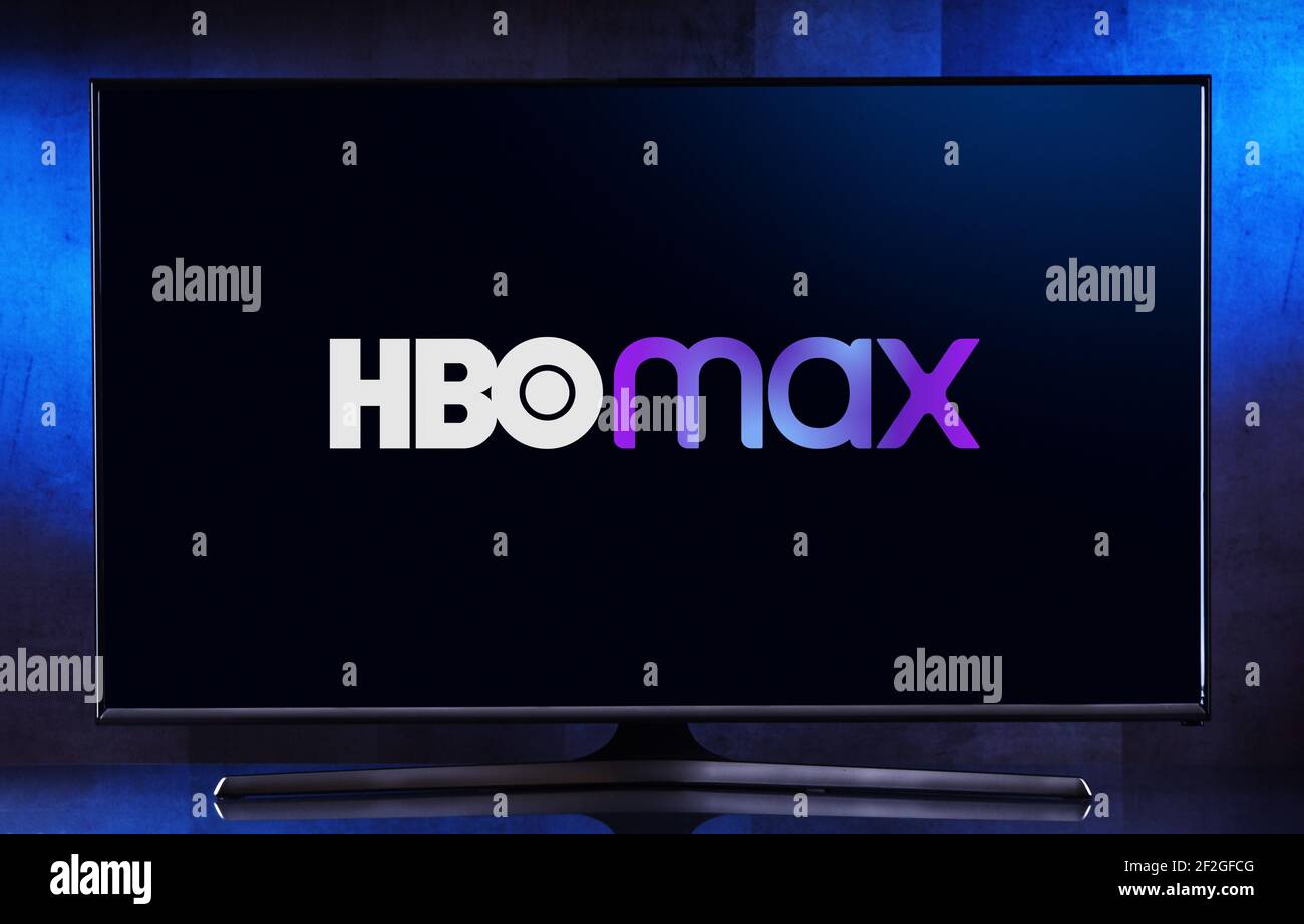 POZNAN, POL - FEB 6, 2021: Flat-screen TV set displaying logo of HBO ...
