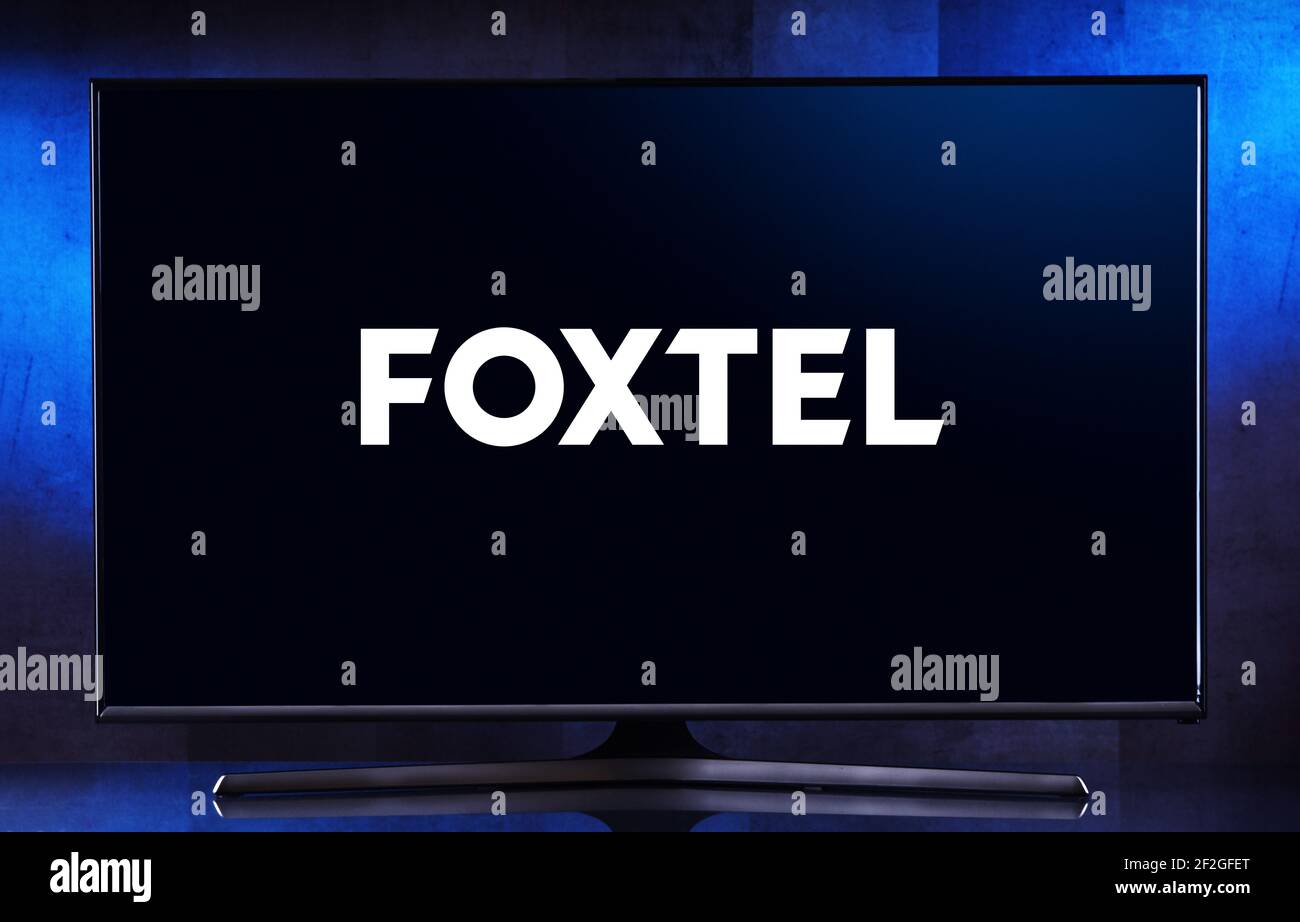 POZNAN, POL - FEB 6, 2021: Flat-screen TV set displaying logo of Foxtel ...