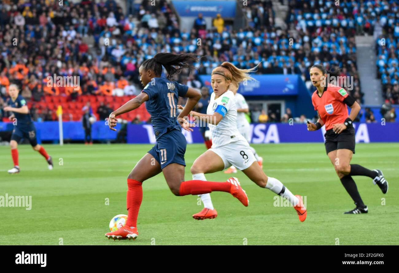 Kadidiatou Diani of France controls the ball and Sohyun Cho of Korea ...