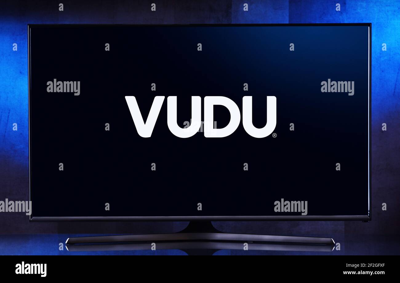 POZNAN, POL - FEB 6, 2021: Flat-screen TV set displaying logo of Vudu ...
