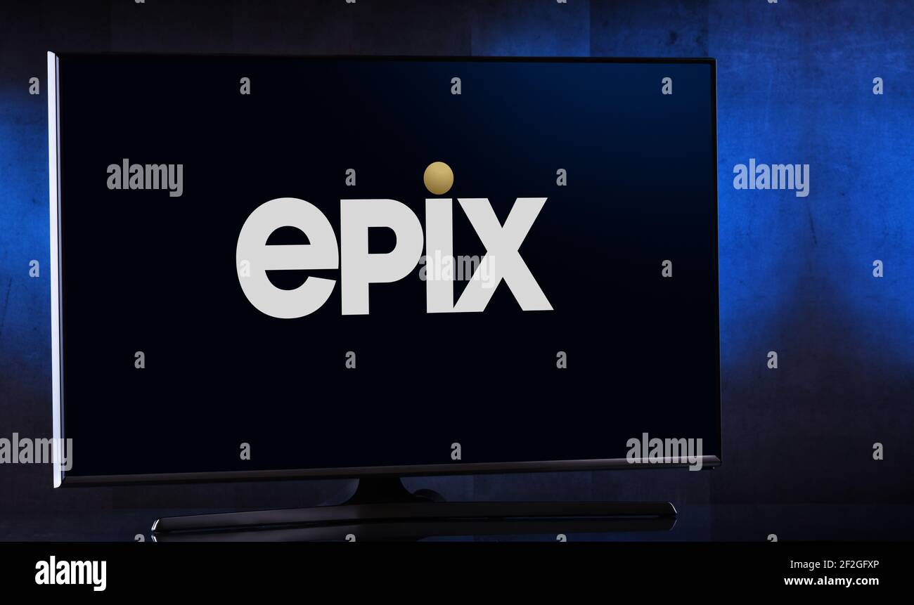 POZNAN, POL - FEB 6, 2021: Flat-screen TV set displaying logo of Epix ...