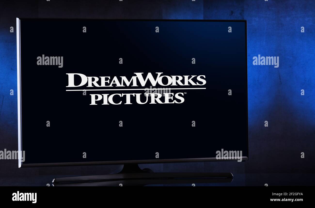 POZNAN, POL - FEB 6, 2021: Flat-screen TV set displaying logo of ...