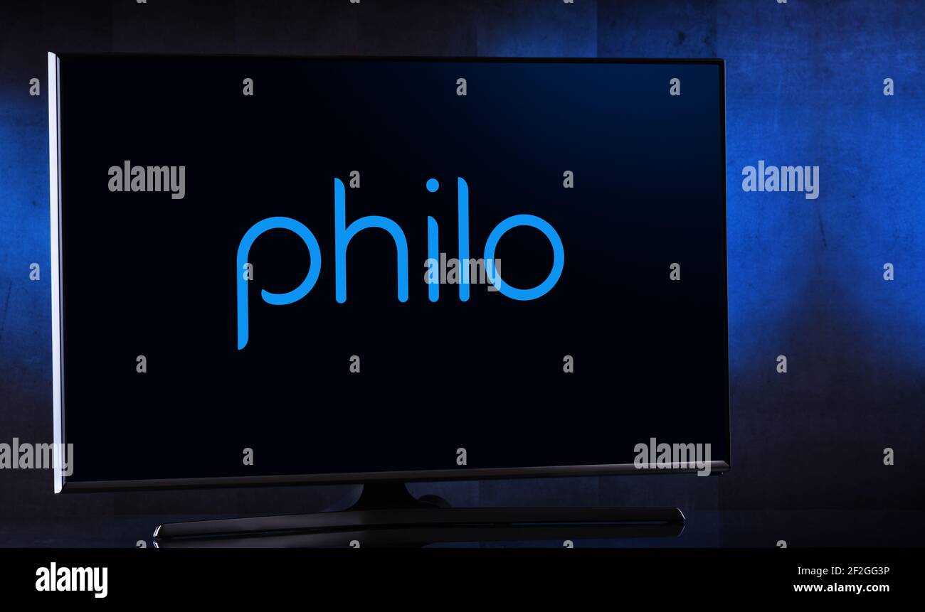 POZNAN, POL - FEB 6, 2021: Flat-screen TV set displaying logo of Philo ...