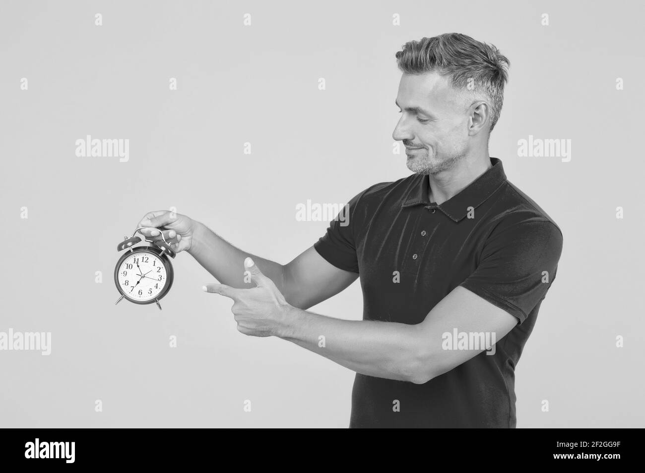 Look At Clock Handsome Man Point Finger At Alarm Clock Check Current 