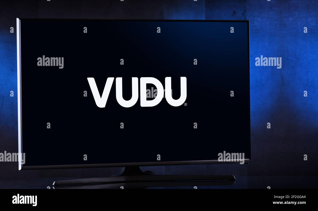 POZNAN, POL - FEB 6, 2021: Flat-screen TV set displaying logo of Vudu ...
