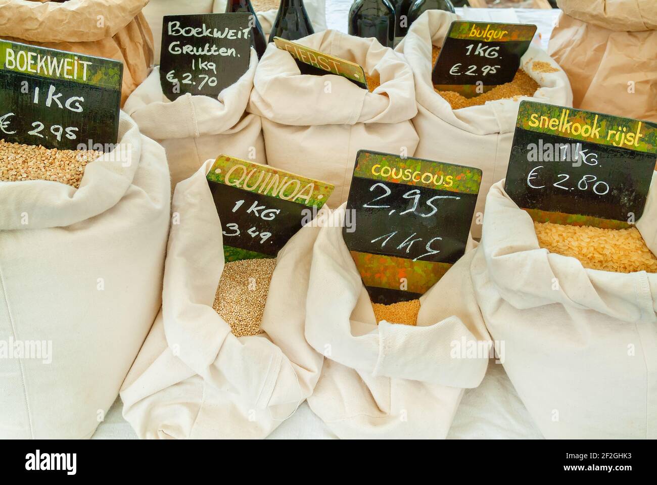 Market stall offering quinoa, rice and other produce on a Dutch organic ...