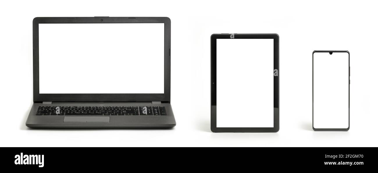 Laptop, tablet and smartphone isolated on white background - front view ...