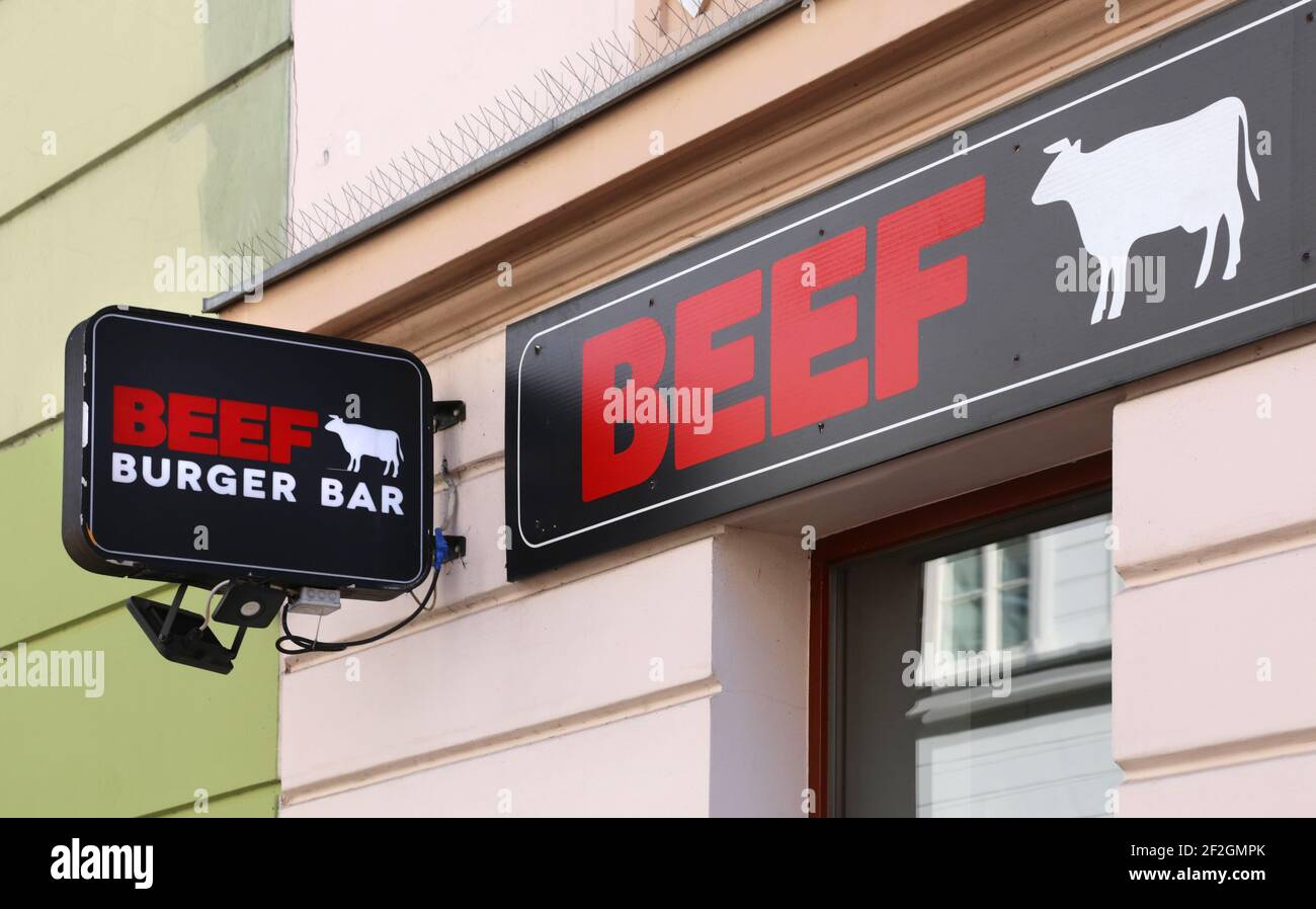 Cracow. Krakow. Poland. Beef Burger bar signboard on the facade Stock ...