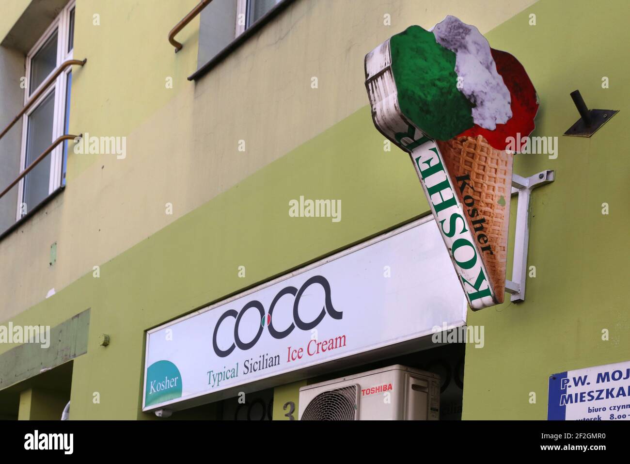 Cracow. Krakow. Poland. Coca Ice Cream kosher ice-cream shop sign on ...