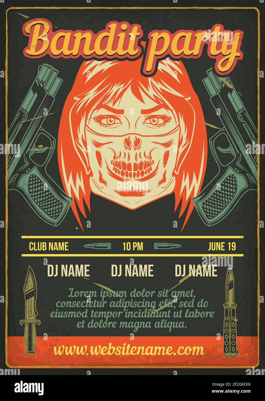 Advertising poster design with illustration of a bandit girl with ...