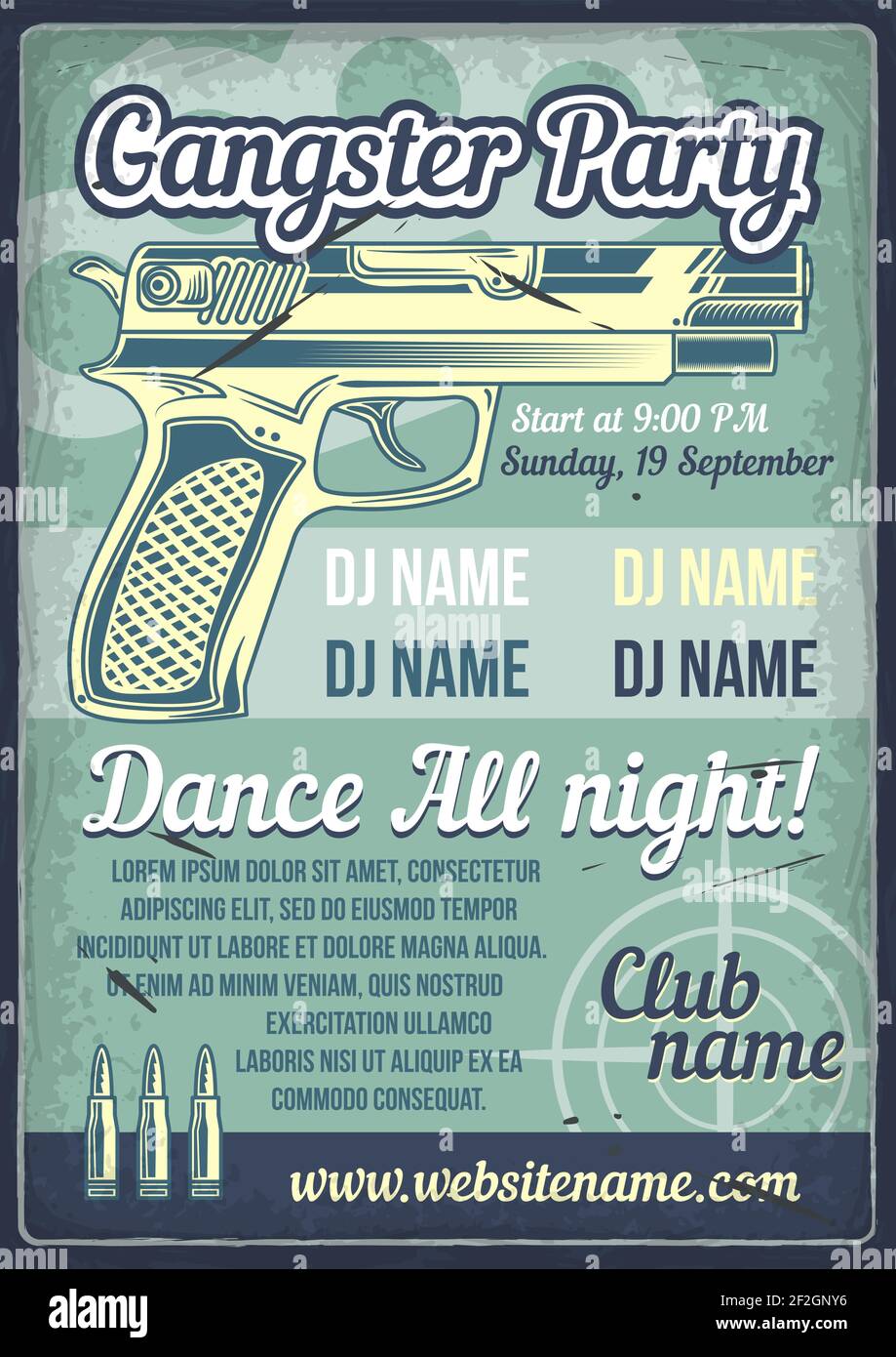 Advertising poster design with illustration of a pistol and bullets on ...