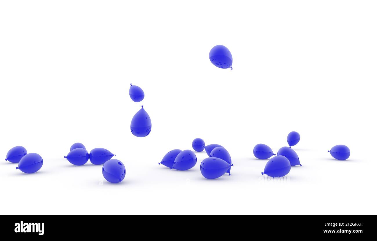 Blue balloons are scattered on the floor. 3D render. Isolated white ...