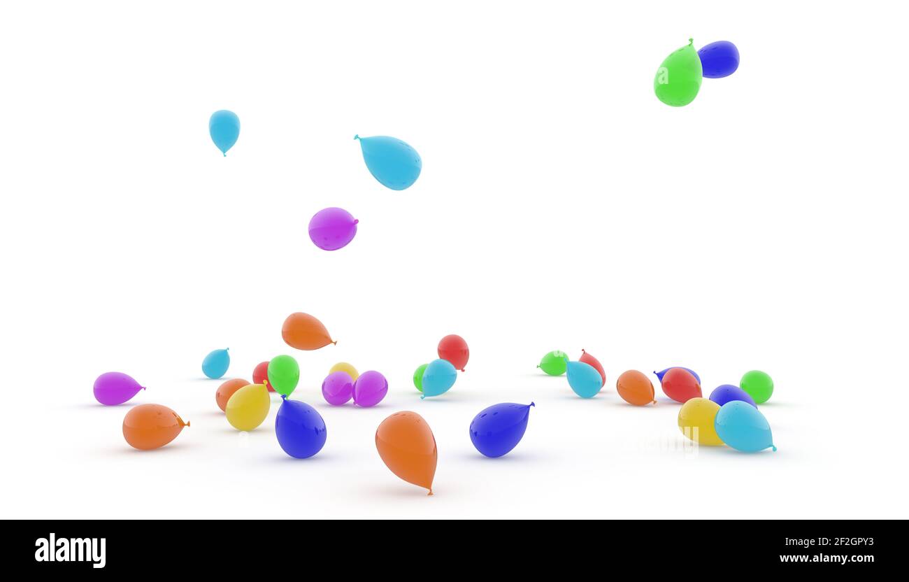 Balloons fly and fall to the floor. Isolated white background. 3D ...