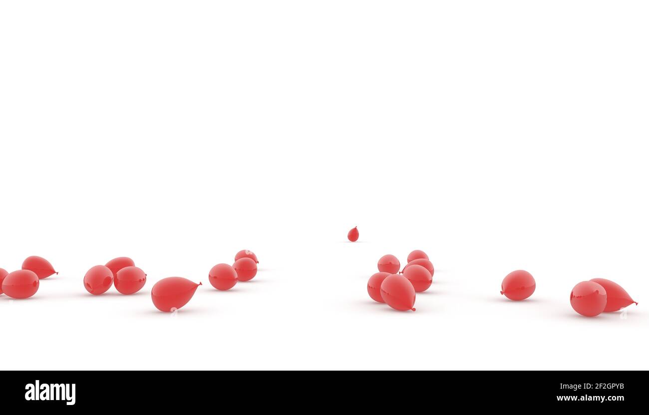 Red balloons are scattered on the floor. 3D render. Isolated white ...