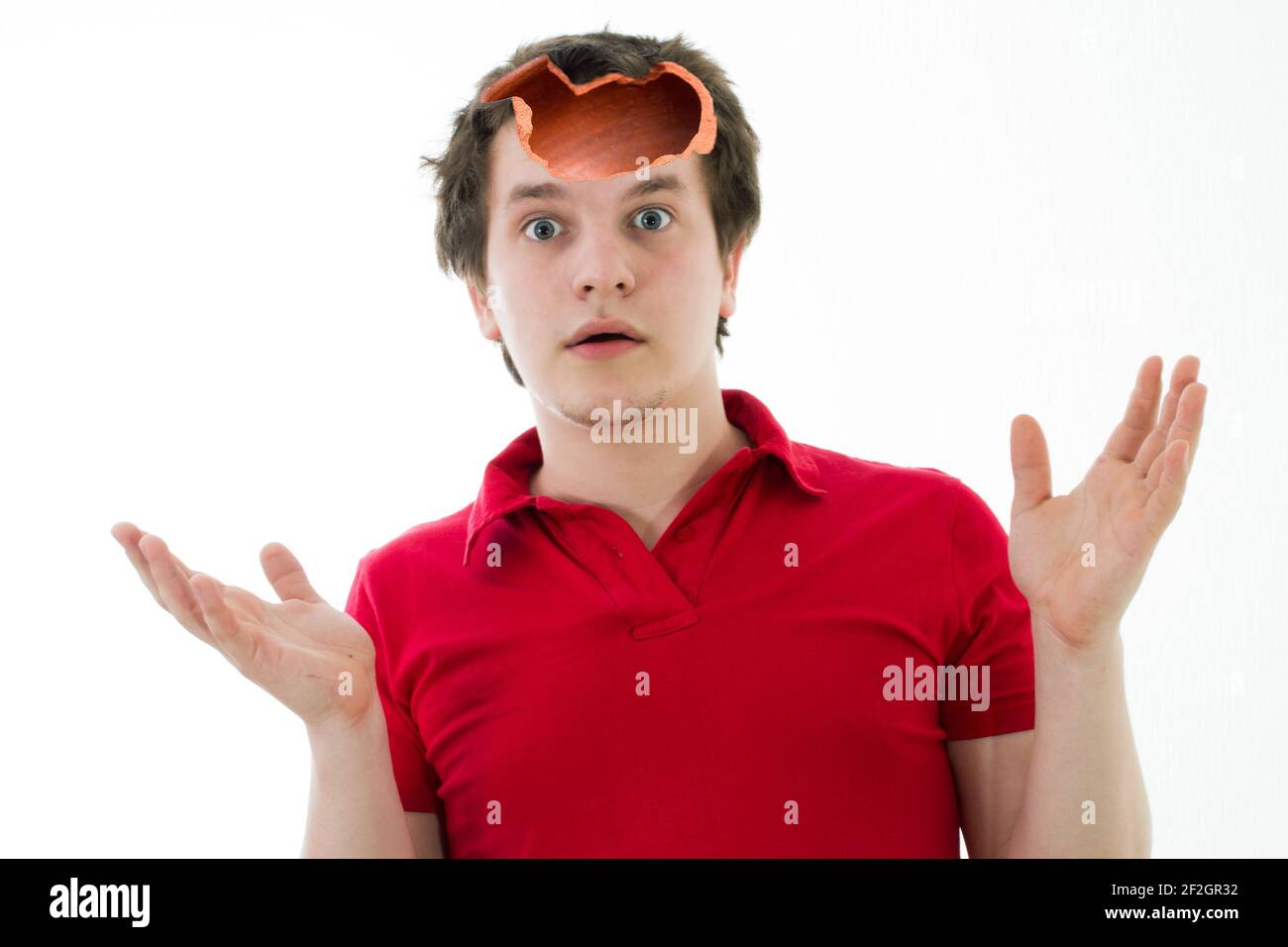 The young man's skull exploded in shock. Isolated white background ...