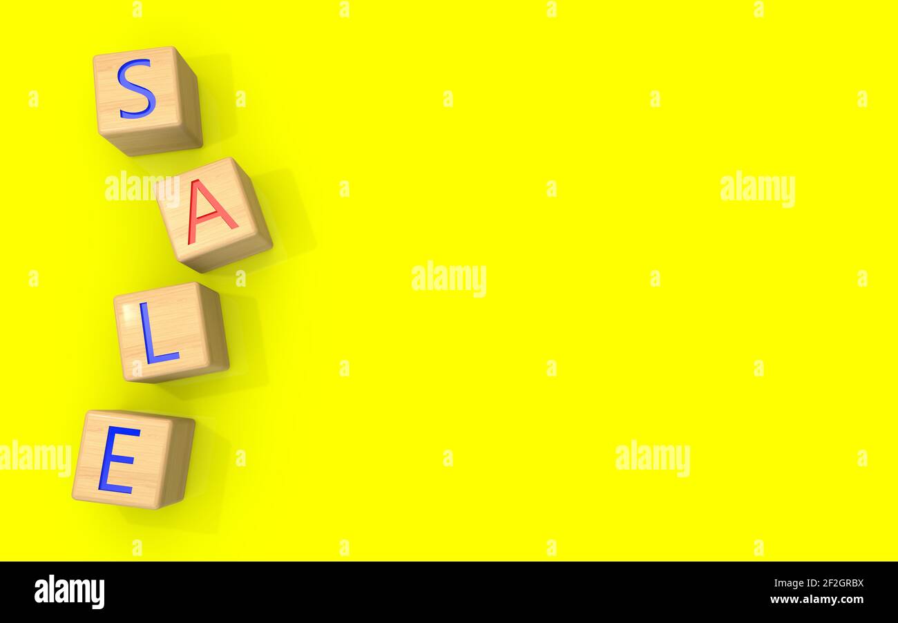 Wooden cubes with the letters SALE are laid out on a yellow background ...