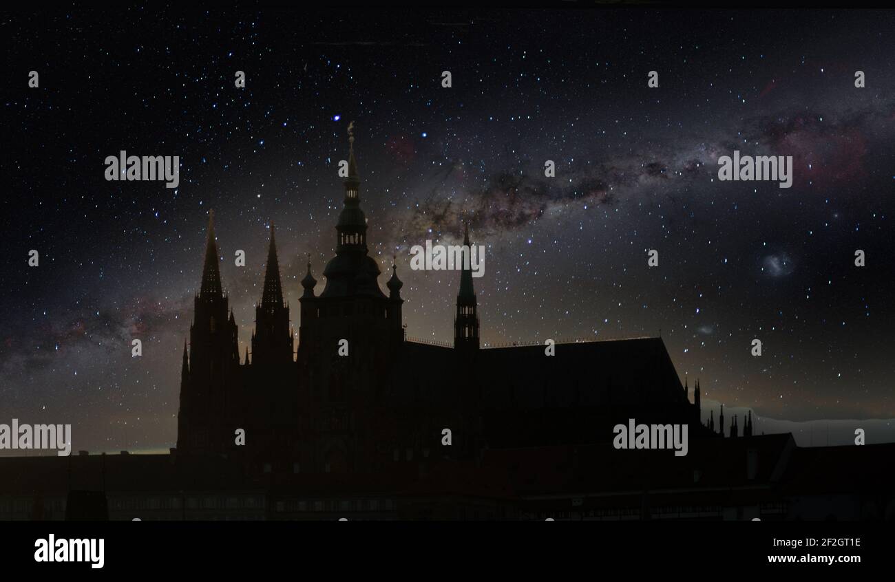 Ancient medieval castle against the background of the night starry sky ...