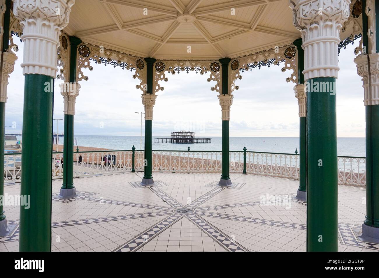 View of Brighton skeleton West pier from Bandstand, Historical landmark ...