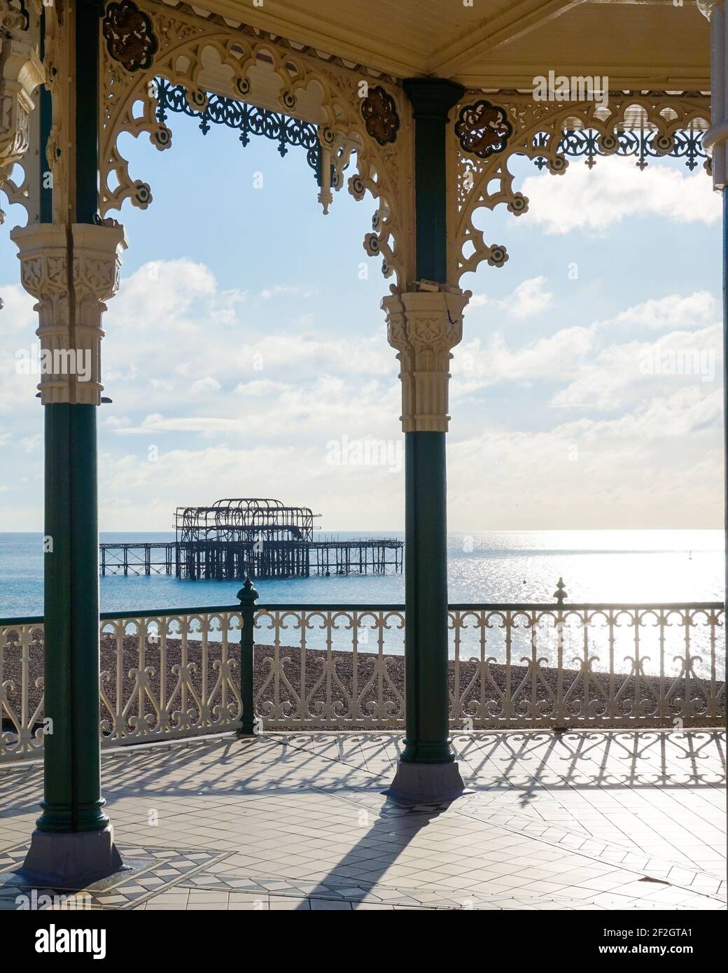 View of Brighton skeleton West pier from Bandstand, Historical landmark ...