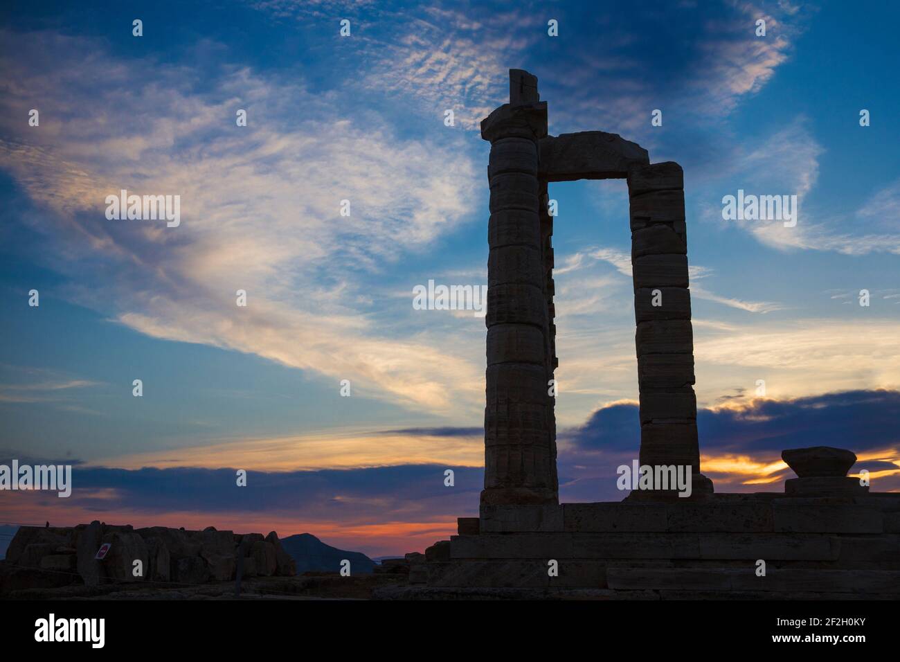 Greece, Attica, Athens, Cape Sounio, Temple of Poseidon at sunset Stock ...