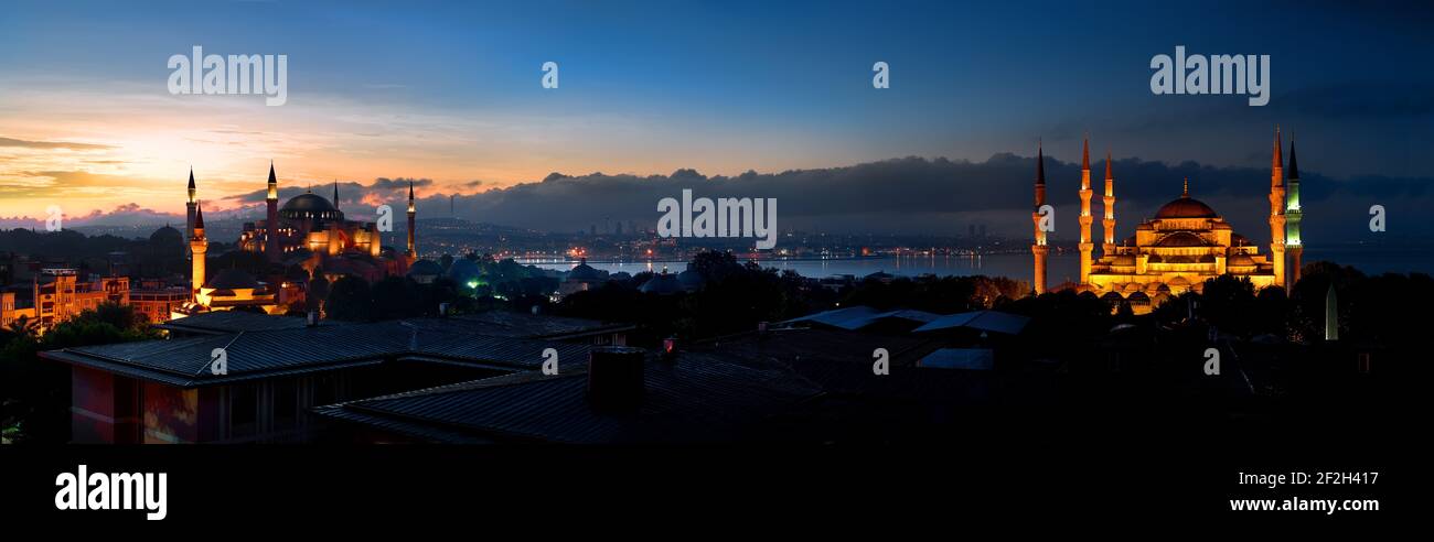 Panorama of Istanbul with the view on Blue Mosque and Hagia Sophia near ...