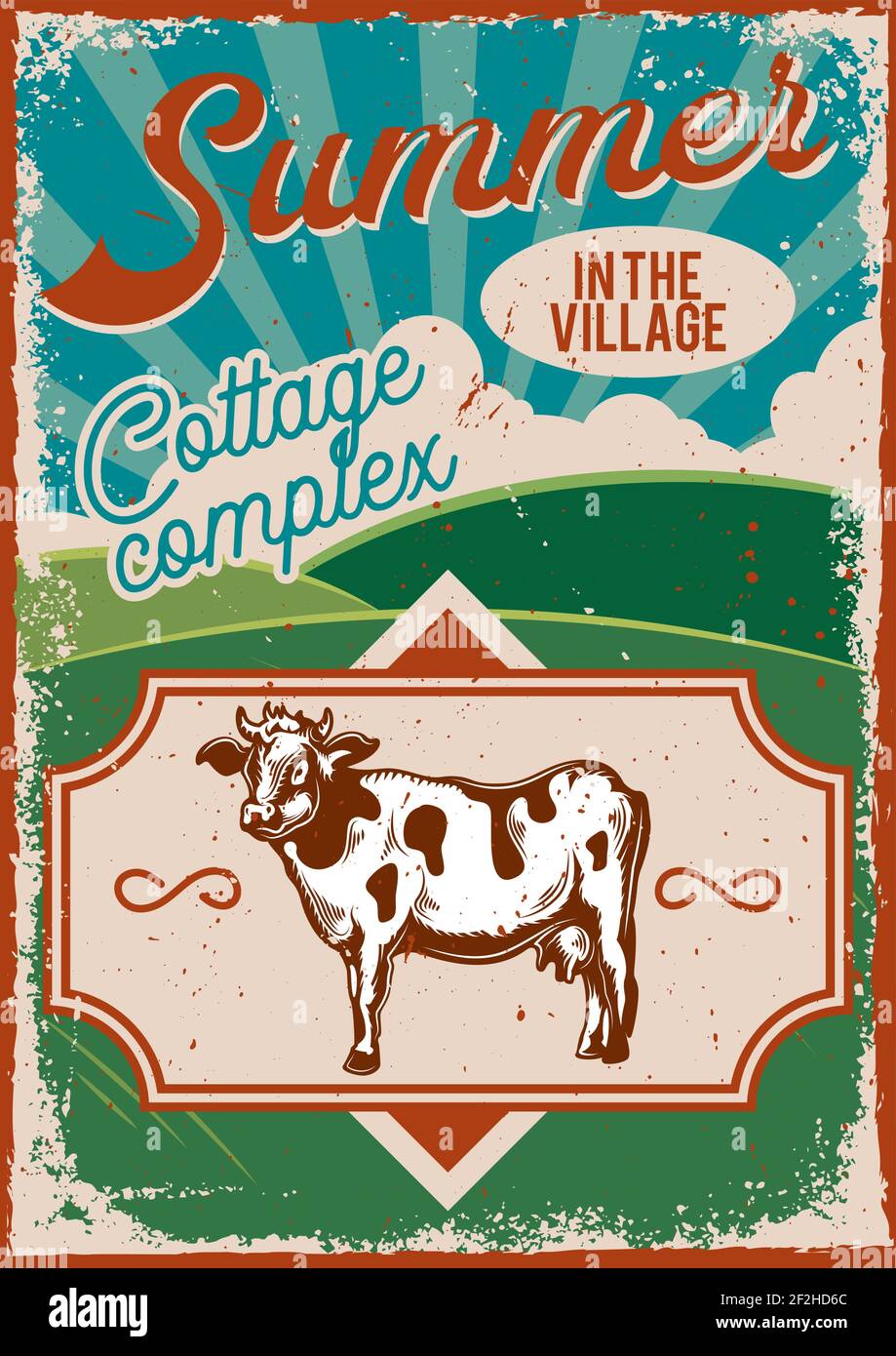 Poster design with illustration of advertising with a cow and field on ...