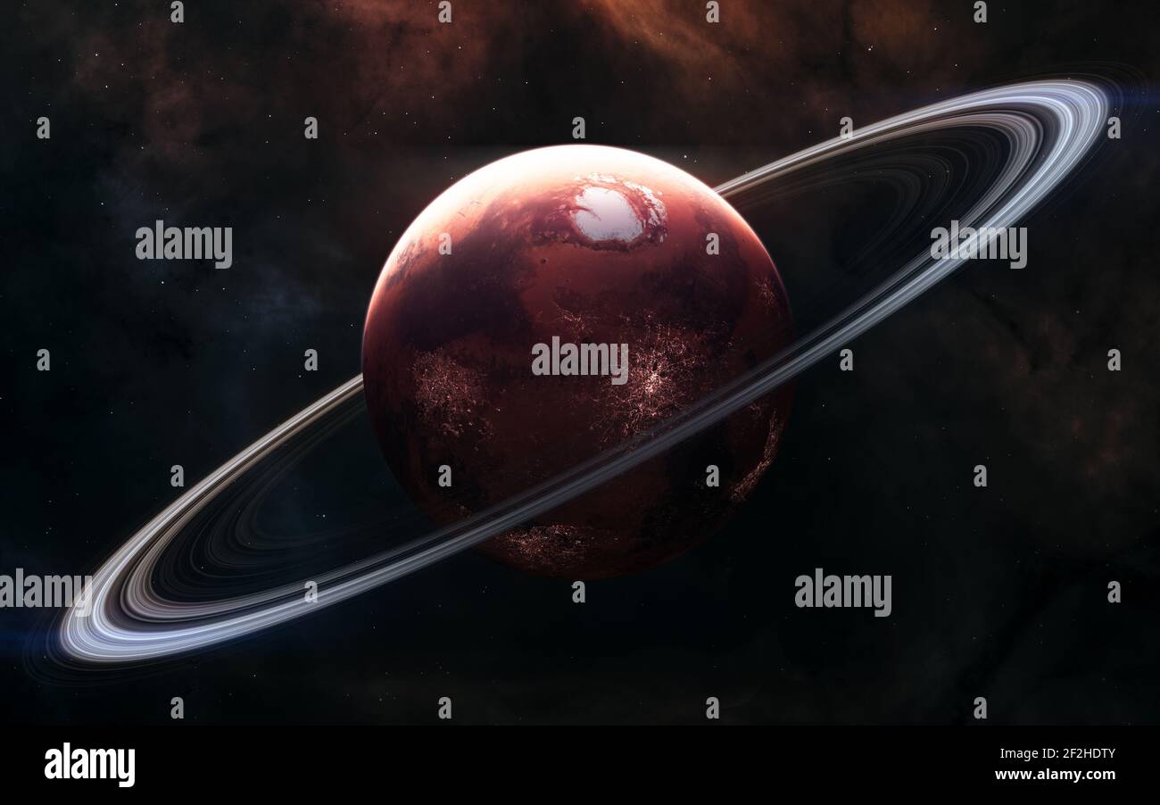 Red planet of solar system. Inhabited Mars with rings. 3D render Stock ...