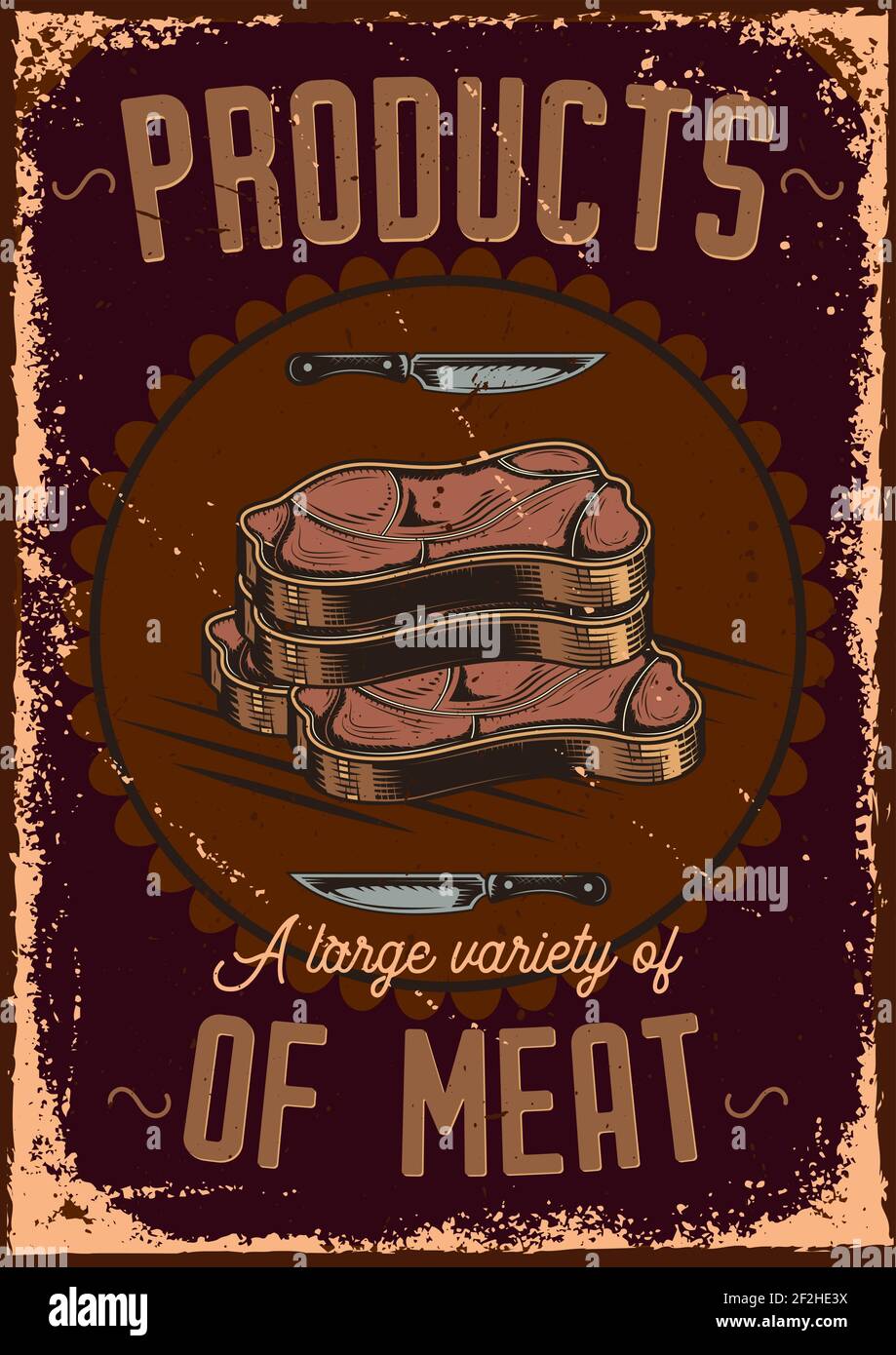 Poster design with illustration of sliced meat on dusty background ...