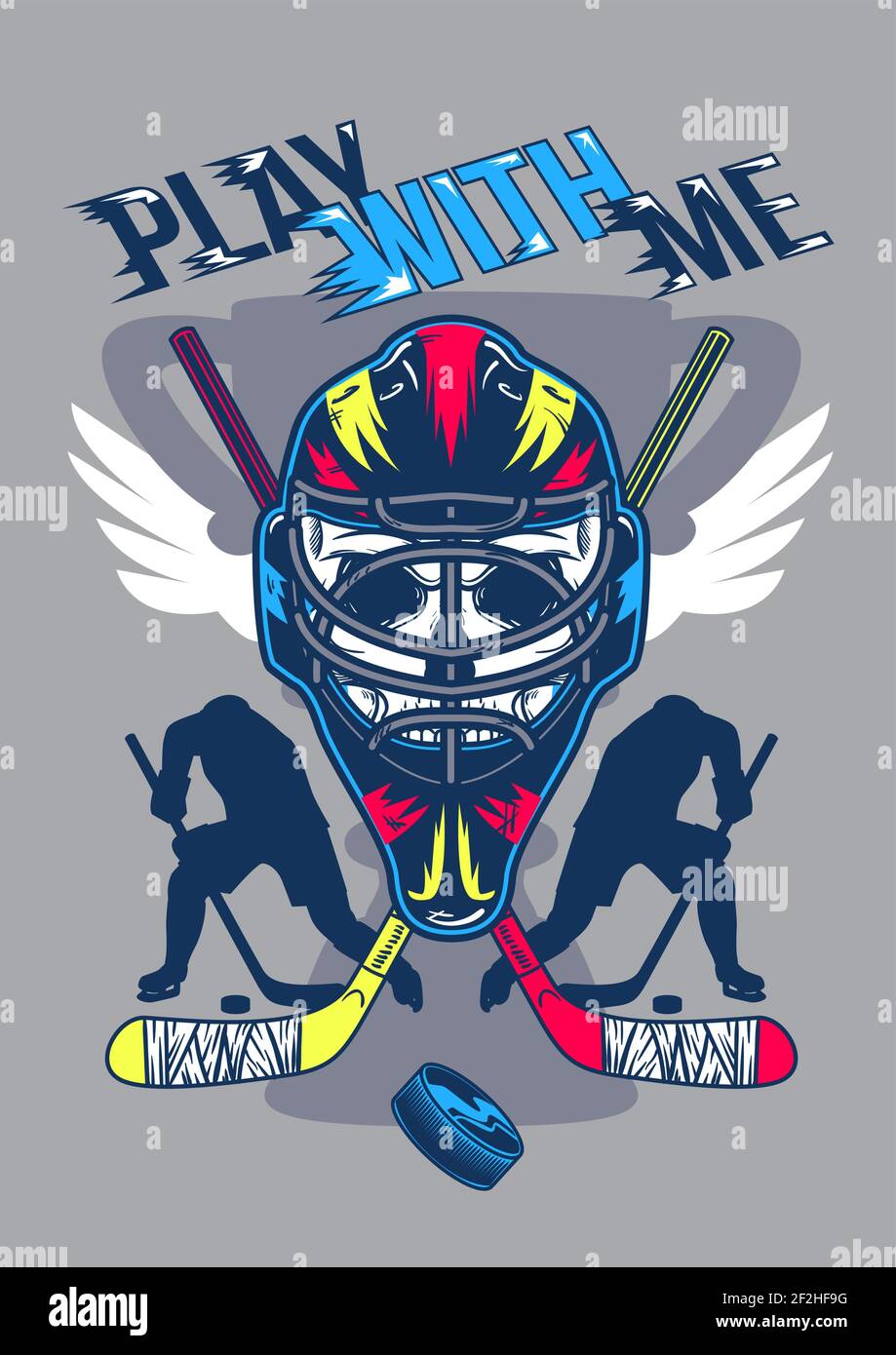 Poster design with illustration of helmet with wings and silhouettes of ...