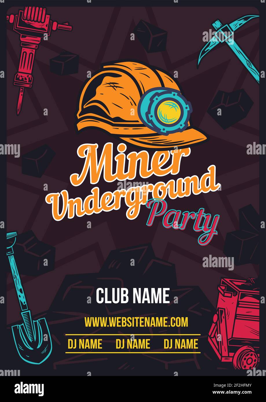 Advertising poster design with illustration of miner's helmet and ...