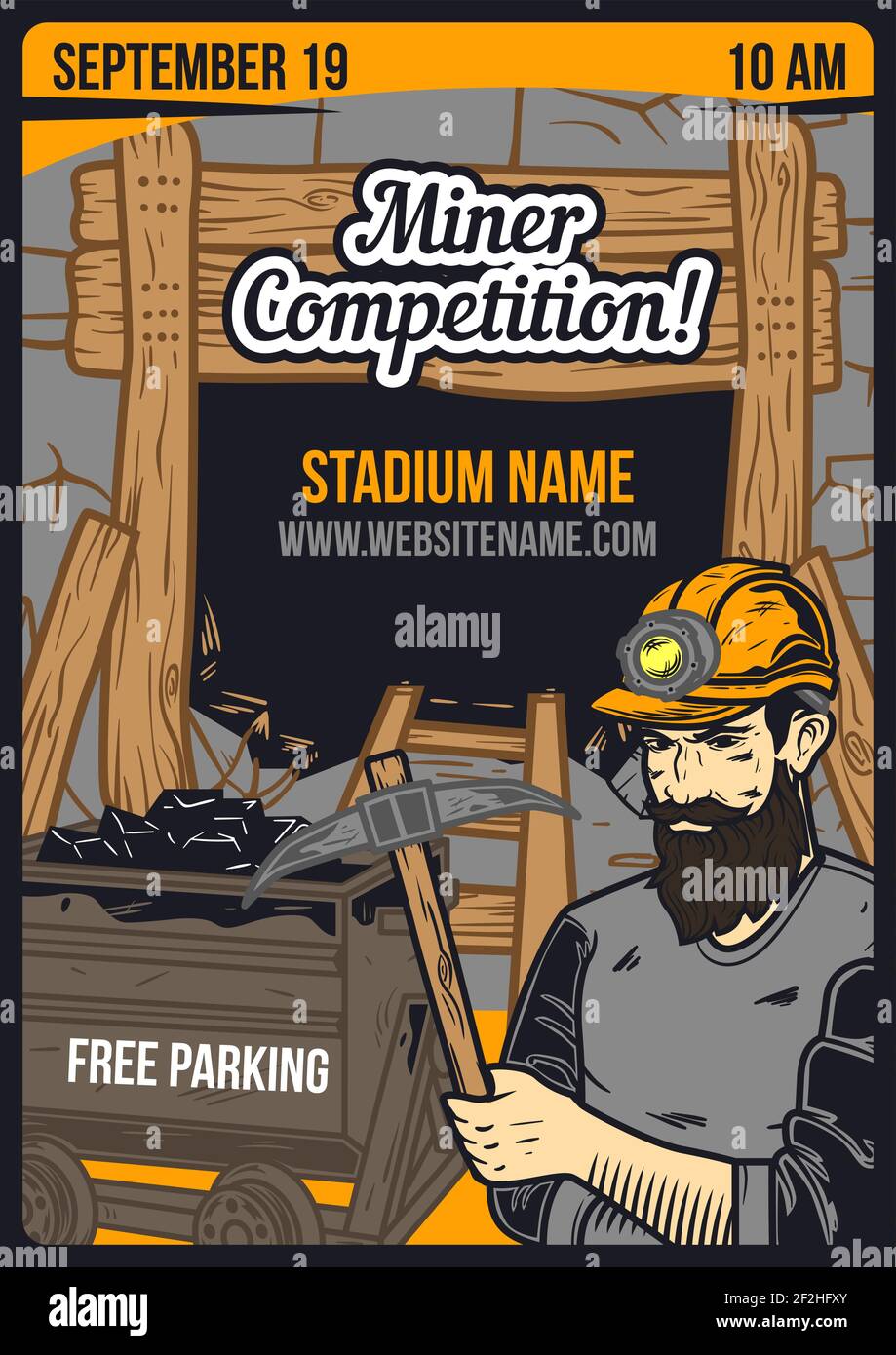 Advertising poster design with illustration of miner and a mine on ...