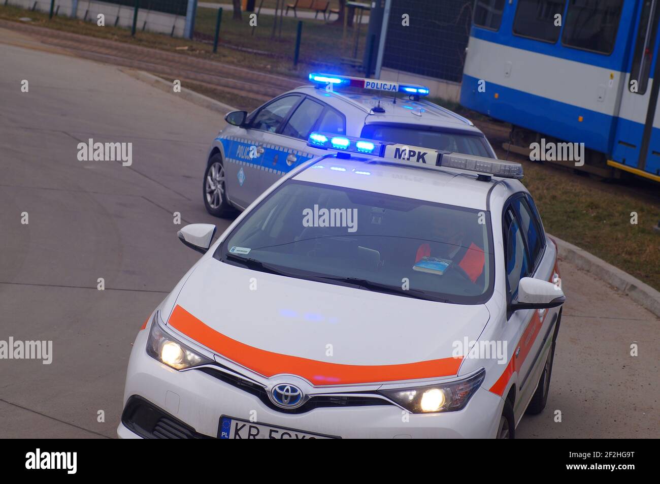 Police cars, emergency ambulance, city traffic inspection car- during ...