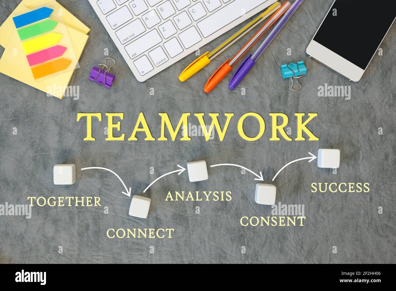 Office desk with accessories - keyboard, smartphone and pens.TEAMWORK ...