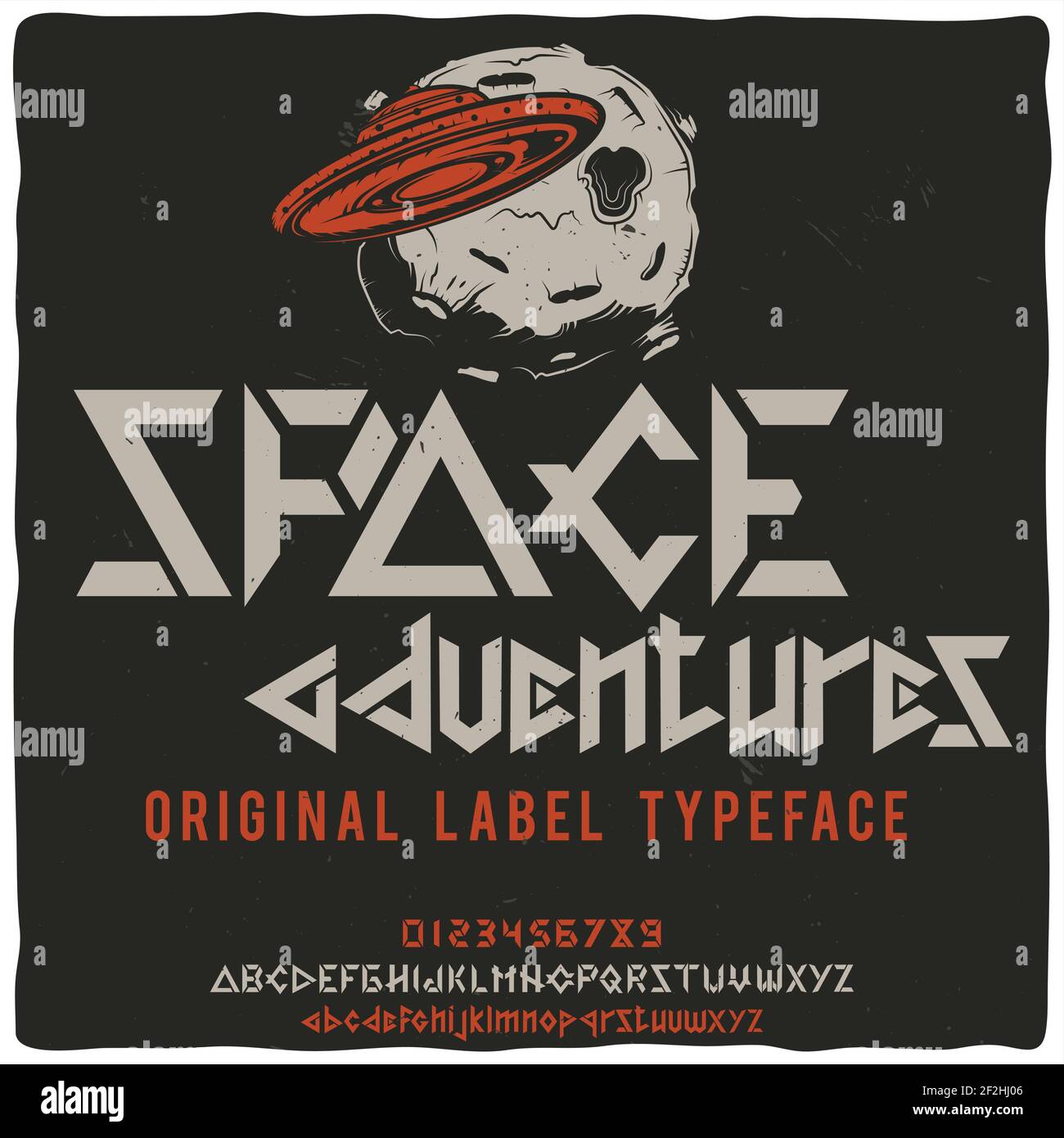 Vintage label typeface named "Space adventures" with illustration of ...