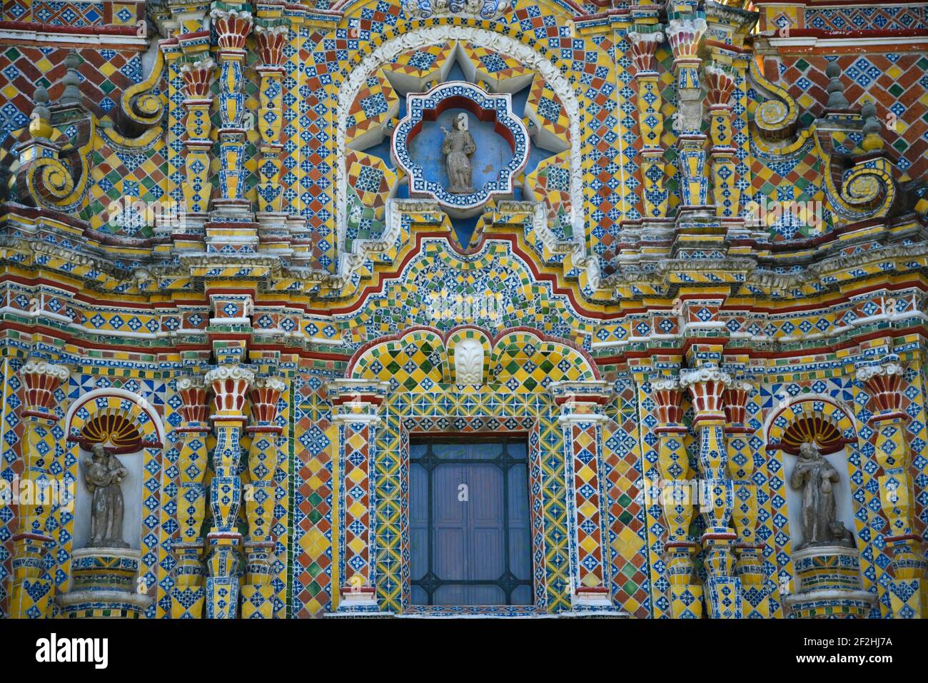 Facade view of the Mexican-Baroque Temple of San Francisco Acatepec ...
